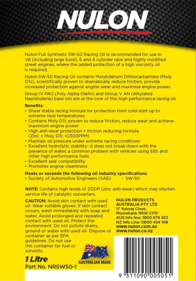 Full Synthetic 5W-50 Racing Oil (NR5W50)